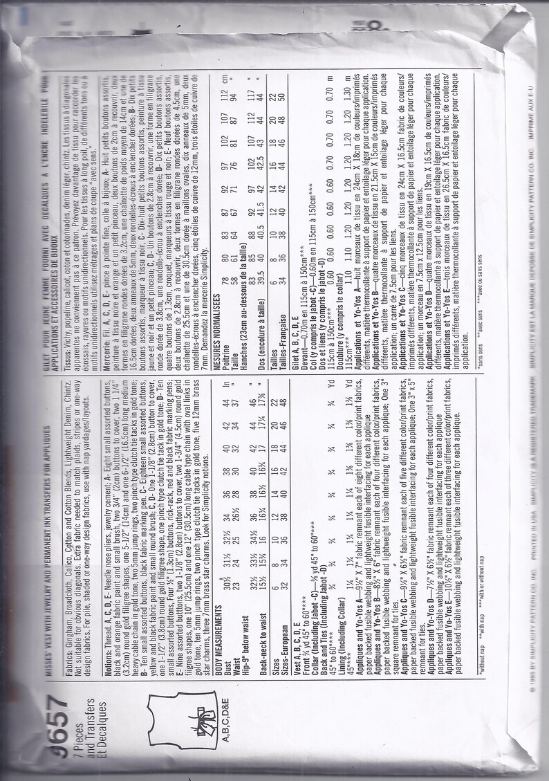 Simplicity 9657 Craft Sewing Pattern From 1995. Misses Vests - Etsy