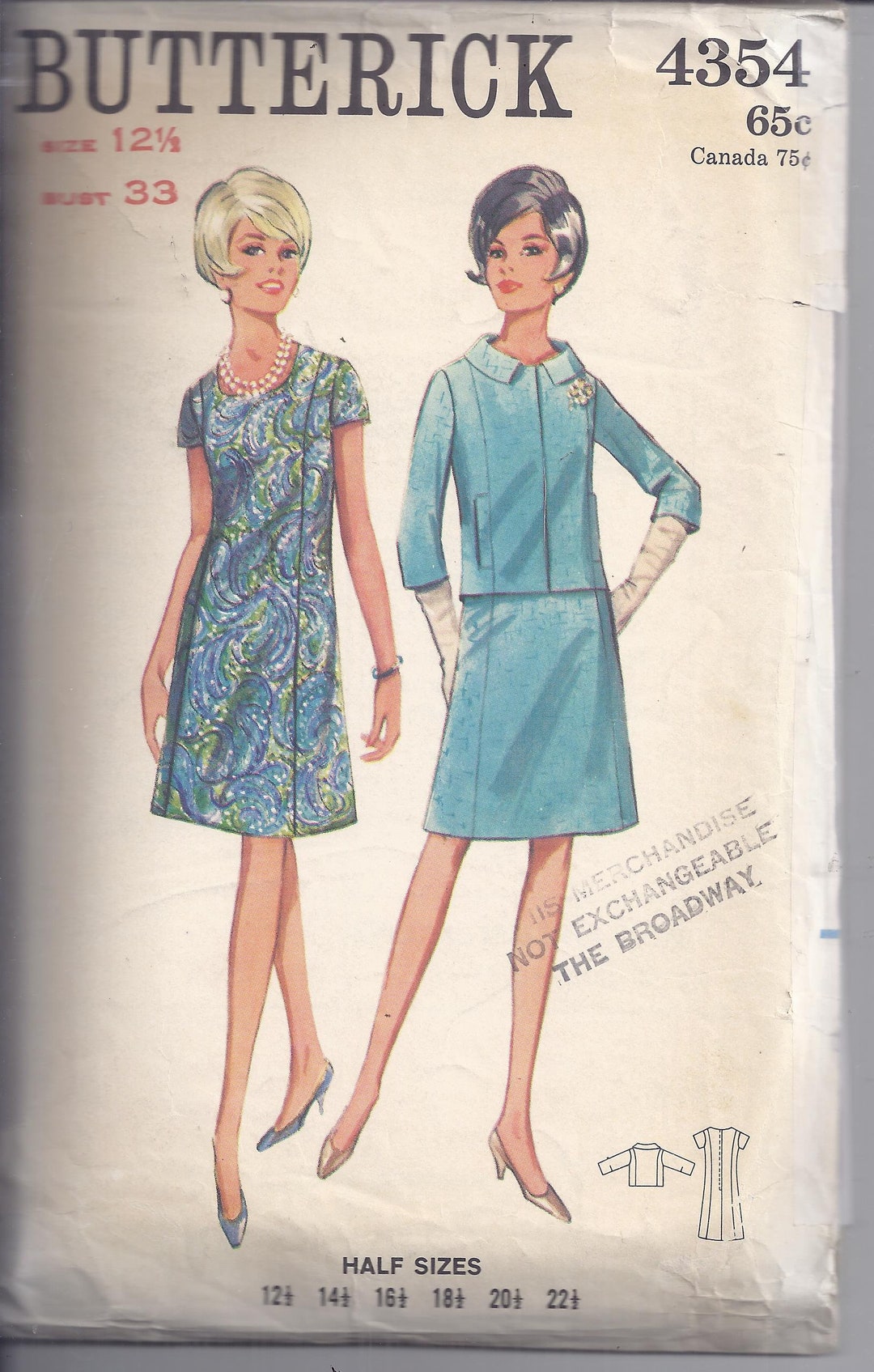 Butterick Pattern #4354 From the 1960's. Misses Dress and Jacket. Bust ...