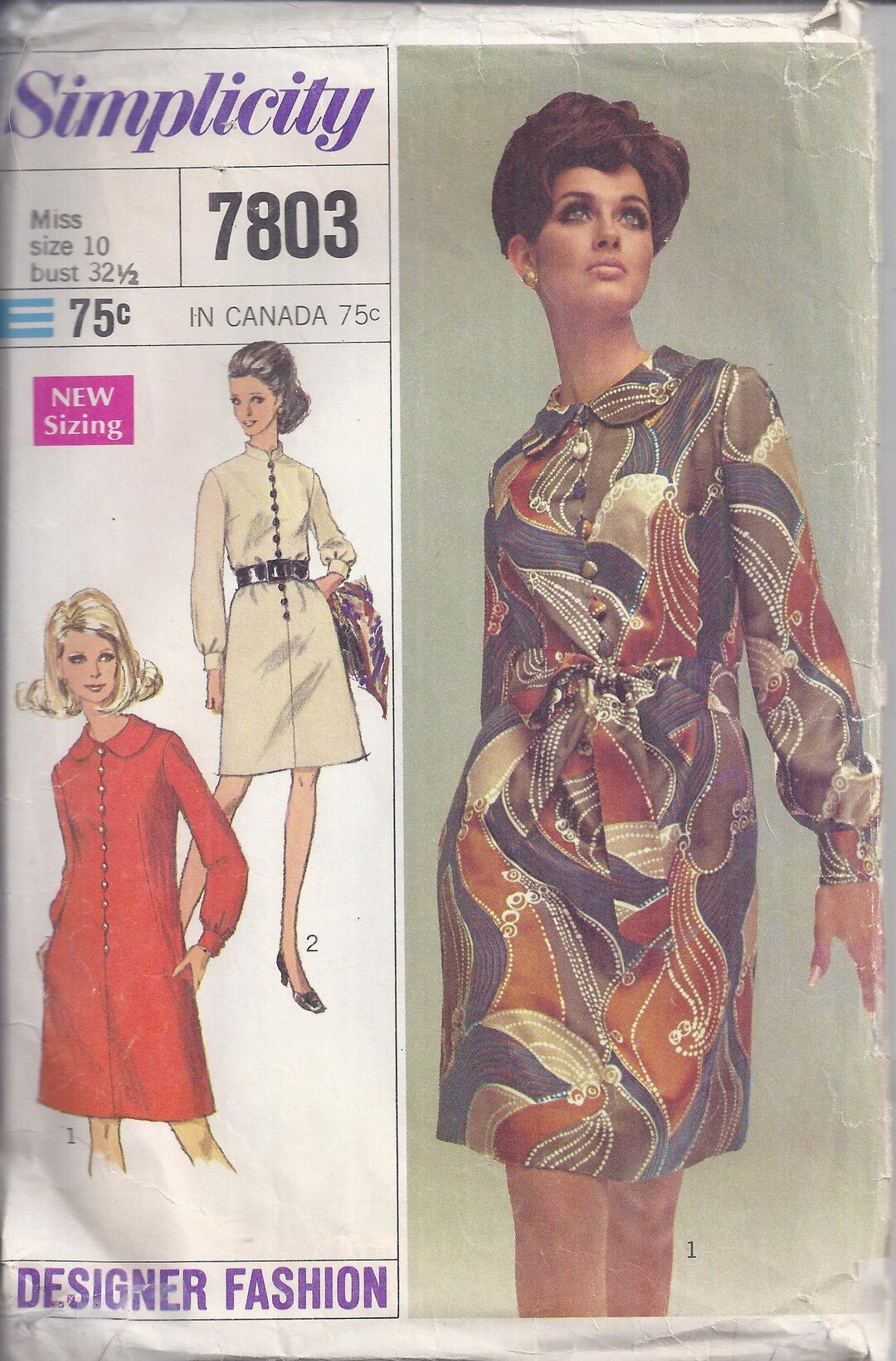 Simplicity 7803 Vintage 1968 Sewing Pattern. Misses Dress: Designer ...