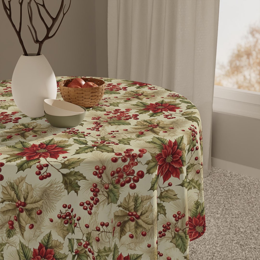 Poinsettia Vintage Christmas Tablecloth, Retro Christmas Tree Mid ...
