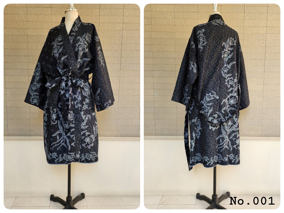 Black Cotton Sarong Fabric Kimono Robe, Bath Robe, Night Gown ...