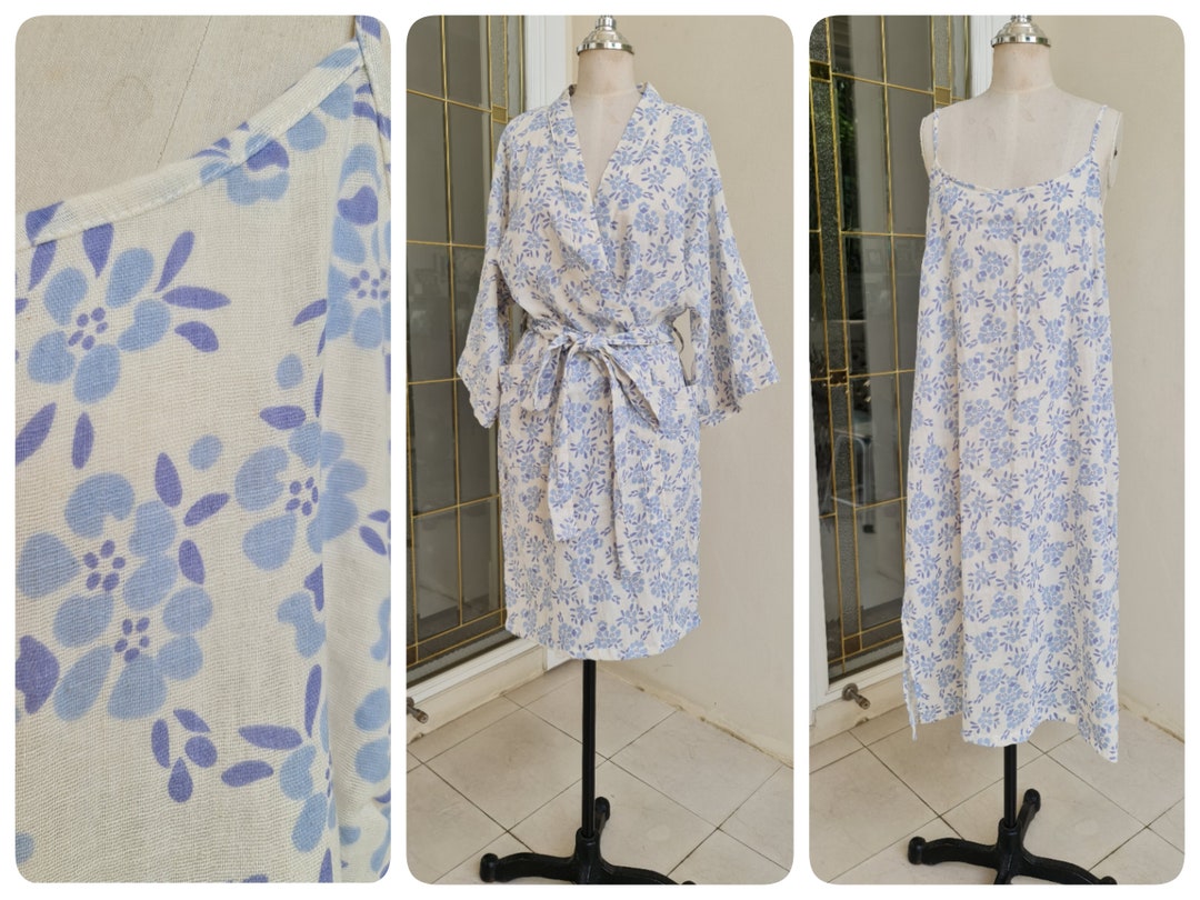 Double Cotton Gauze Slip Dress With Matching Robe in Off-white, Cotton ...