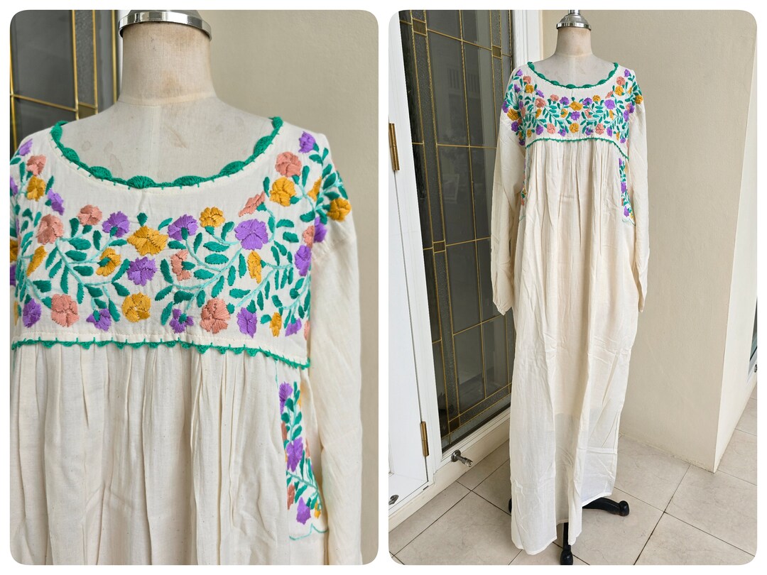 Plus Size, Hand Embroidery Mexican Oaxacan Dress Inspired Cotton Sundress in Ivory, Bohemian ...