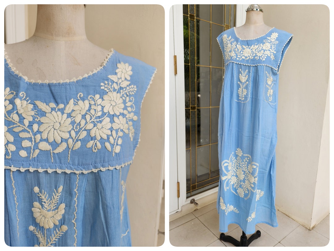 Handmade, Embroidered Mexican Oaxacan Inspired Cotton Sundress in Blue ...