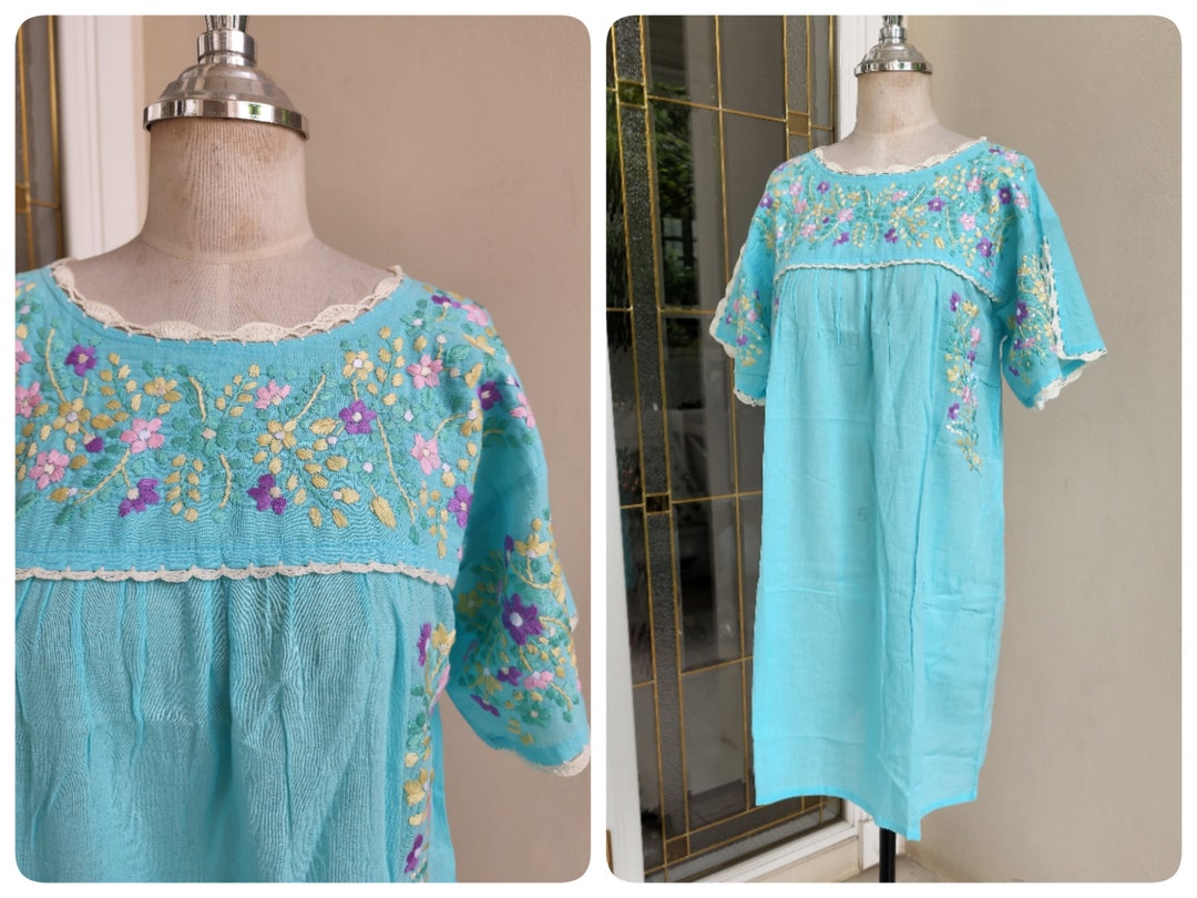 Hand Embroidery Mexican Oaxacan Inspired Cotton Sundress in Blue ...