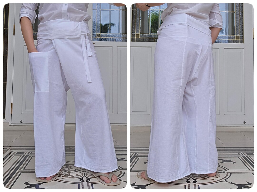 Thai Fisherman Pants in White Cotton With Side Pocket, Casual Wrap ...