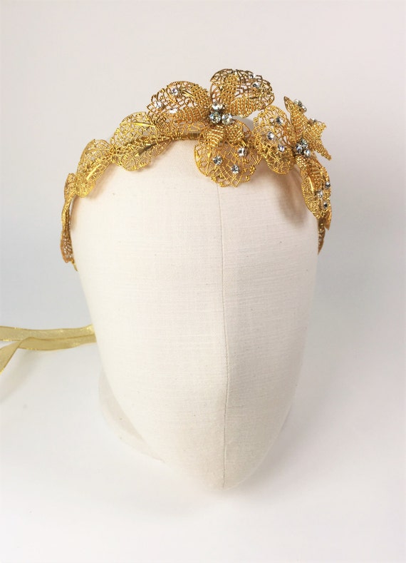 Wedding gold flower tiara crown Bridal gold headband Pansy | Etsy