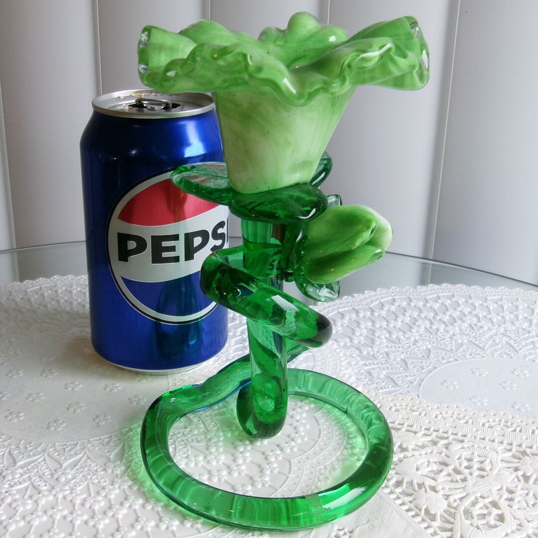 Hand Blown Art Glass Green Flower Figurine, Candle Holder, Bud Vase - Etsy