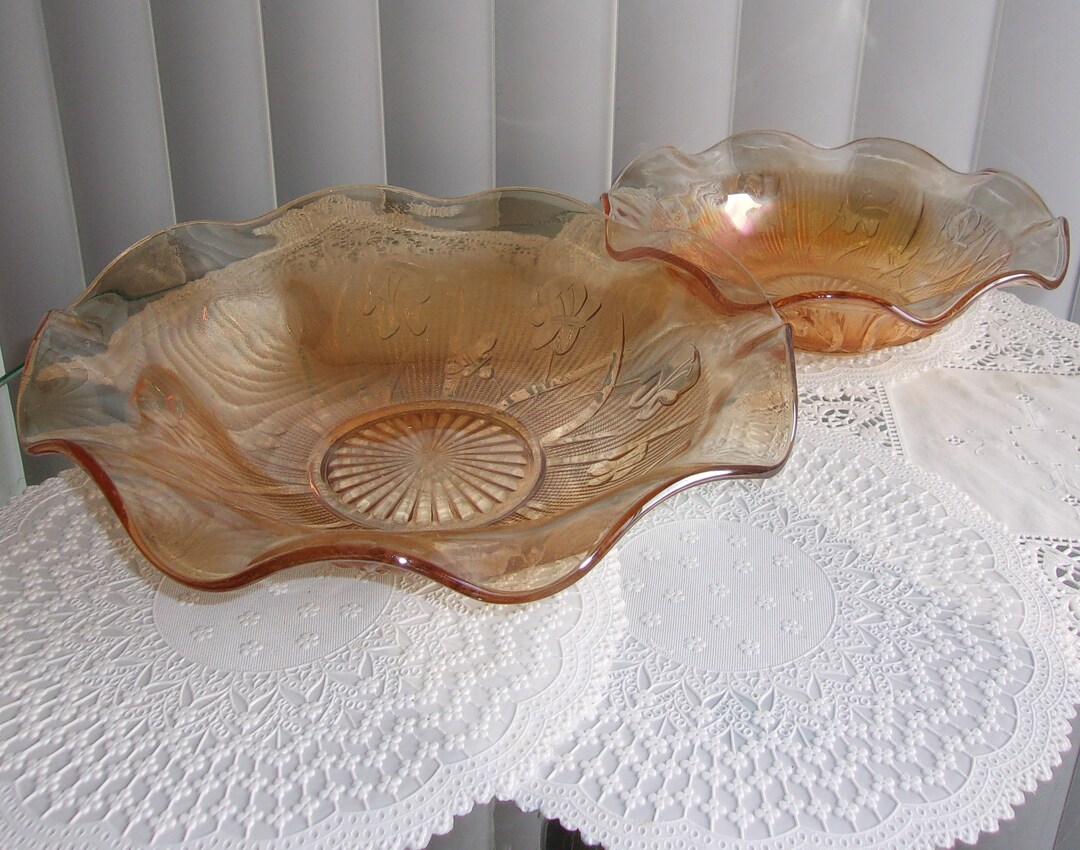 Orange Depression Glass Iris & Herringbone Serving Bowl Pair - Etsy