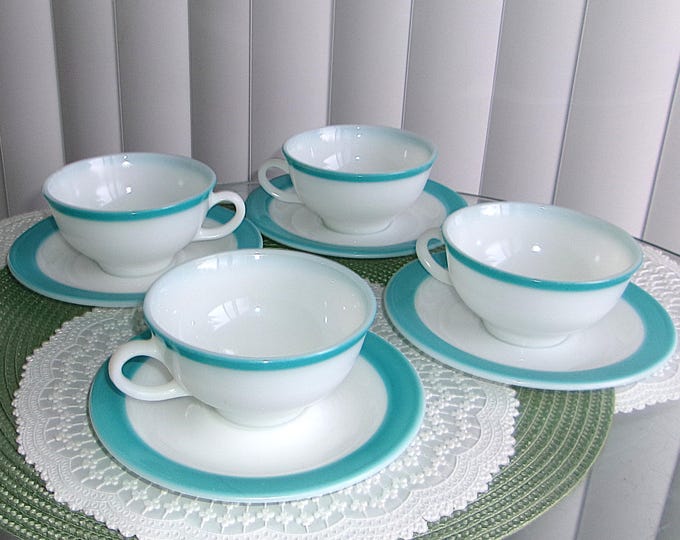 Vintage Pyrex Turquoise Blue Band White Milk Glass Cups & Saucers, 8 Pc ...