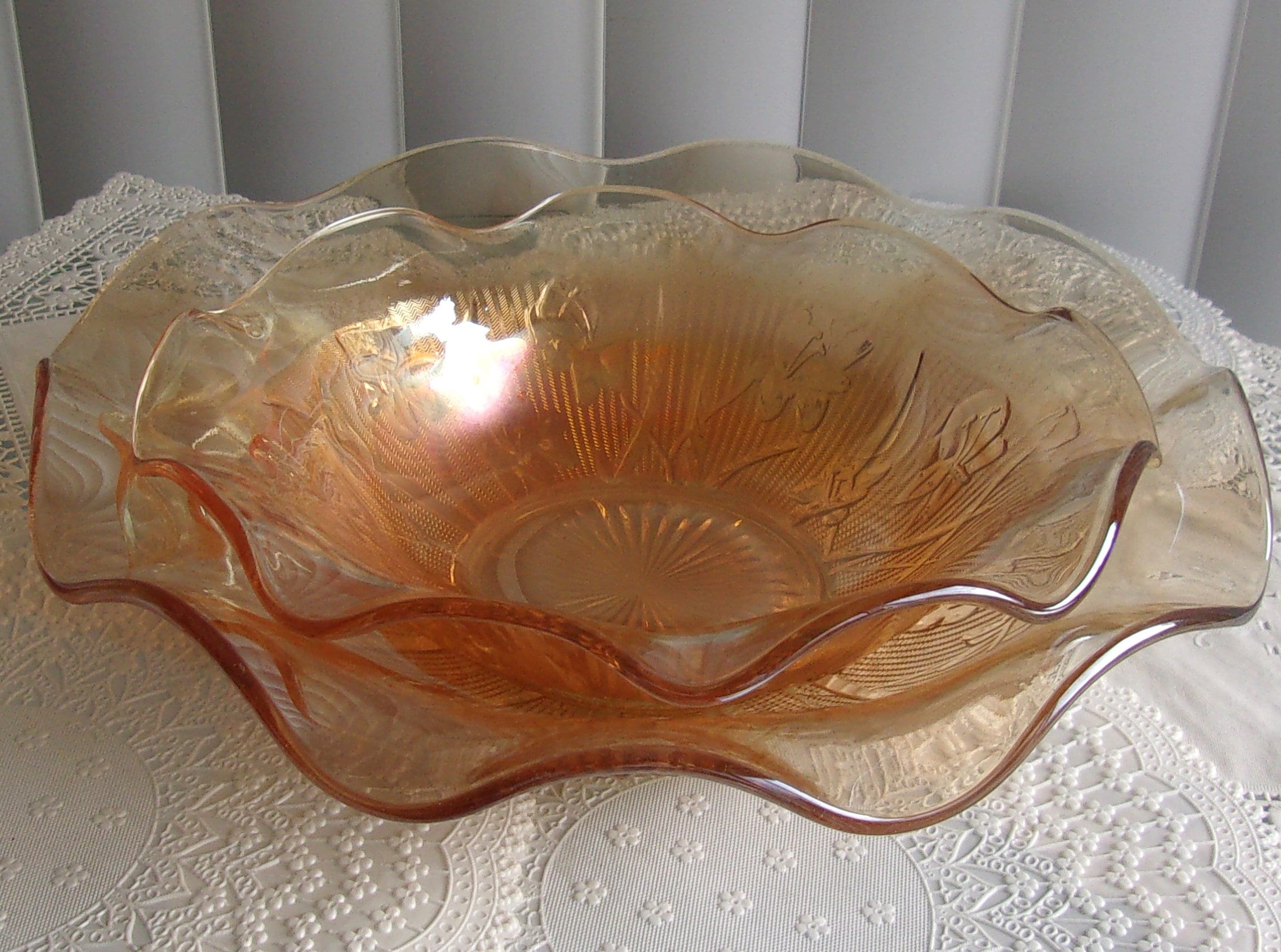 Orange Depression Glass Iris & Herringbone Serving Bowl Pair - Etsy