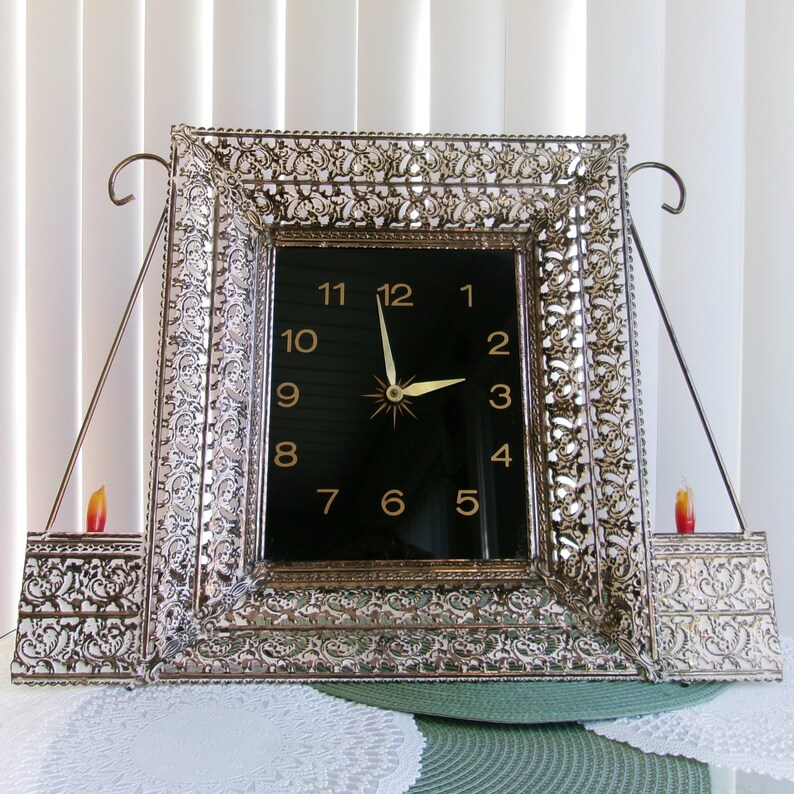Vintage Tabletop Clock With Metal Ornate Filigree Hollywood Regency ...