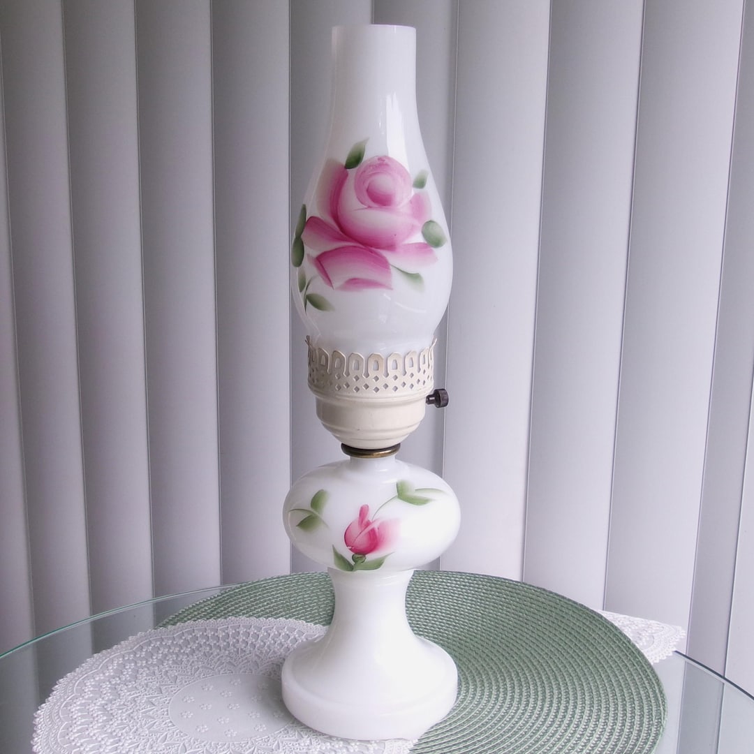Vintage Hurricane Table Lamp, Bedside Lamp, Hand Painted Roses - Etsy