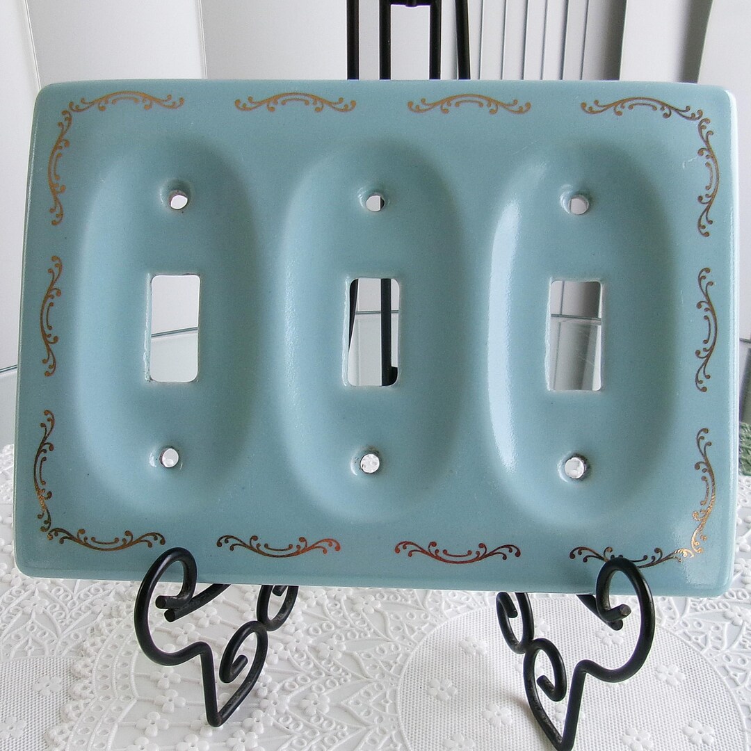 Vintage Blue Porcelain Triple Switch Plate Cover, Hollywood Regency ...