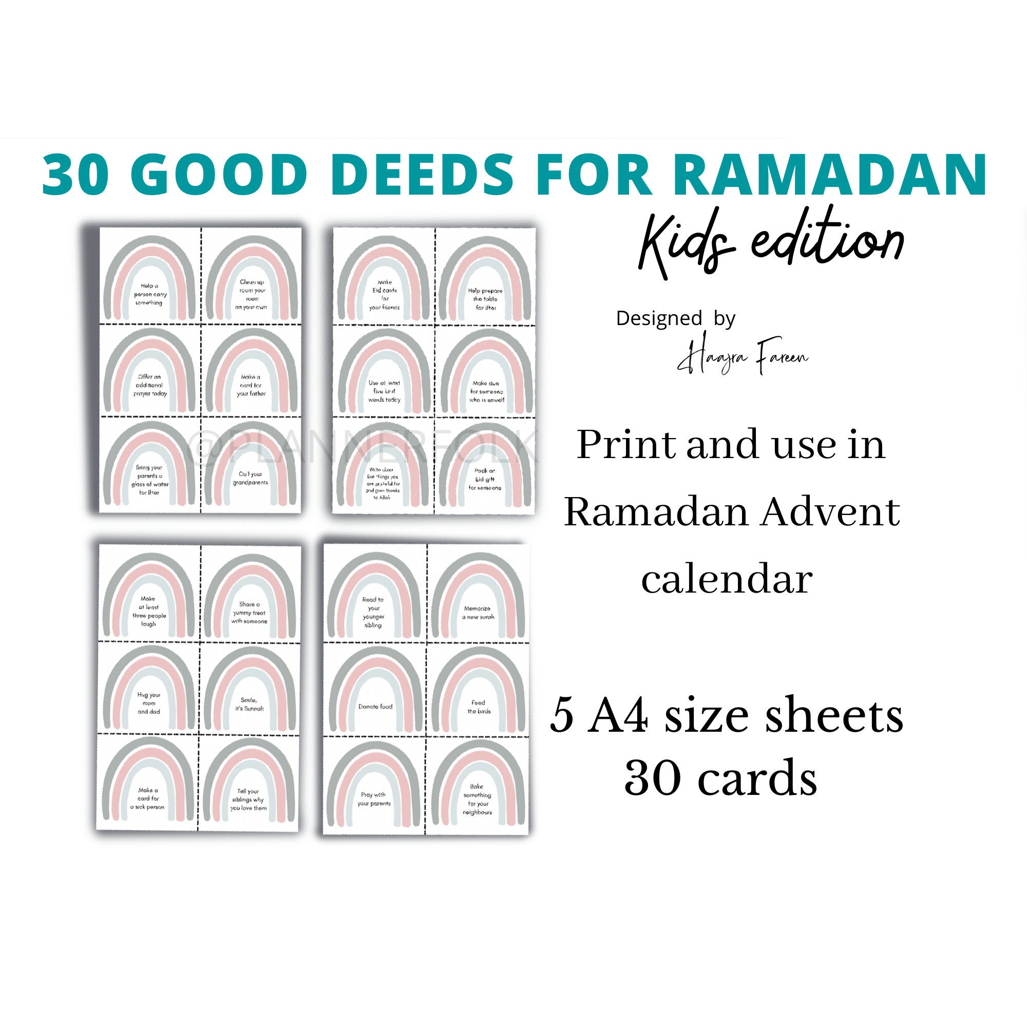 Ramadan Calendar 30 Good Deeds Cards for Kids | Calendar Advent Insert ...
