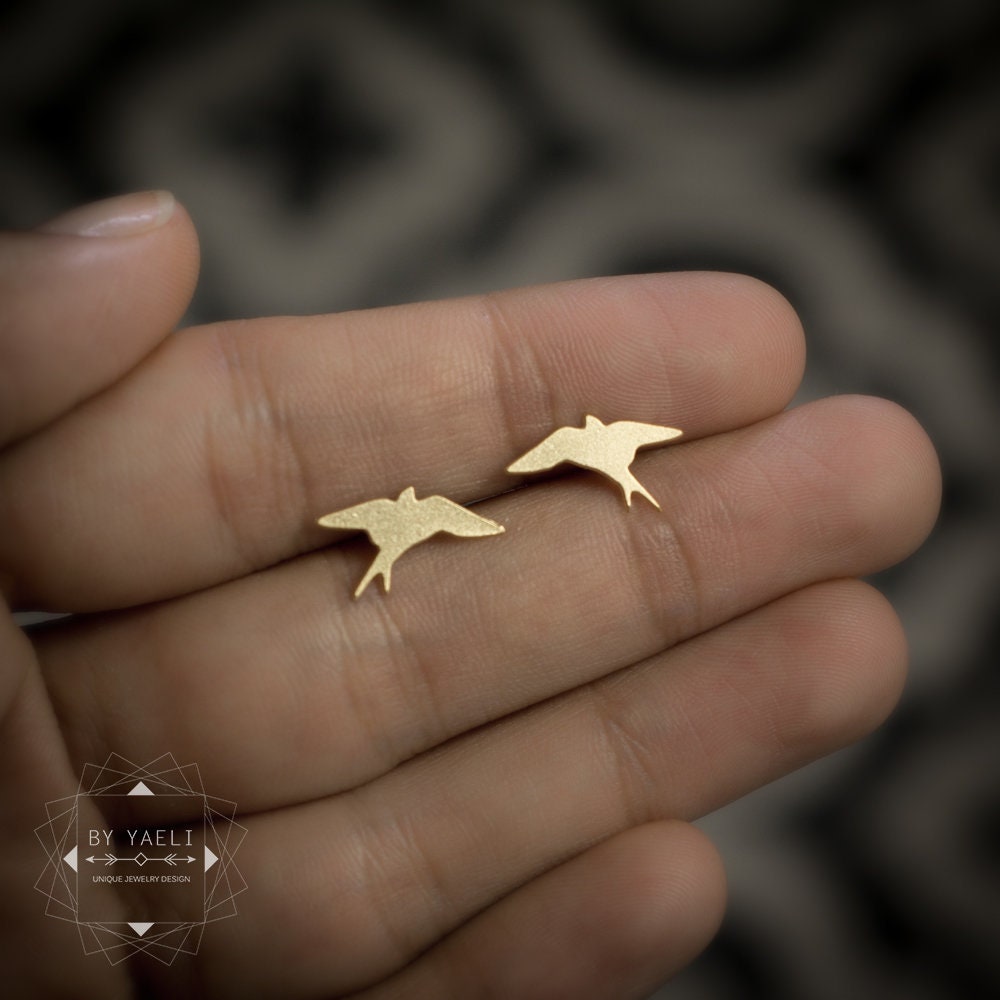 Swallow earrings gold swallow stud earrings tiny swallow stud | Etsy