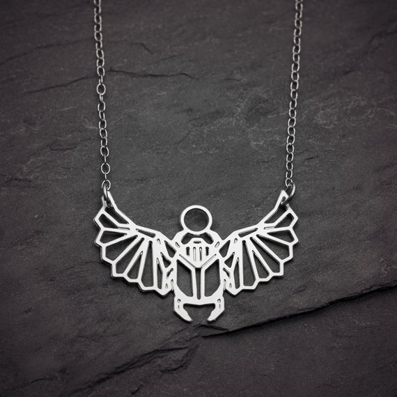 Scarab Necklace Beetle Pendant Silver Egyptian Origami | Etsy