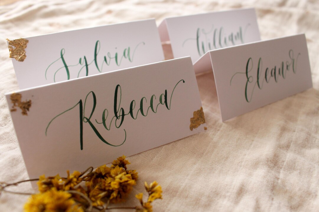 Set of 10 - Sage Green Ink Calligraphy Place Cards - Gold Leaf Option ...