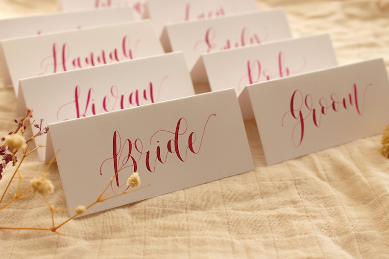 Handwritten Place Cards - Magenta Calligraphy on White Cards - Wedding ...