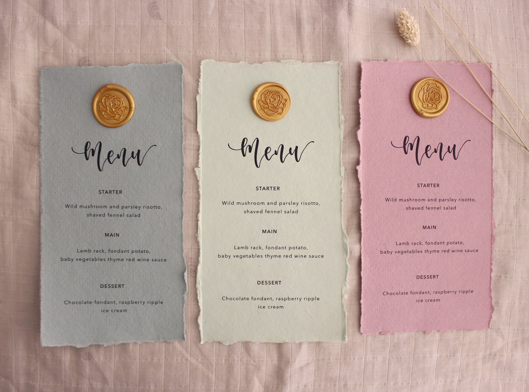 Deckled Edge Menus With Gold Wax Seals, Cotton Paper Pale Pink, Pale ...