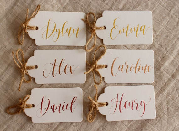 Set of 20 Handwritten Name Tags Gold Bronze or Shiny Red - Etsy