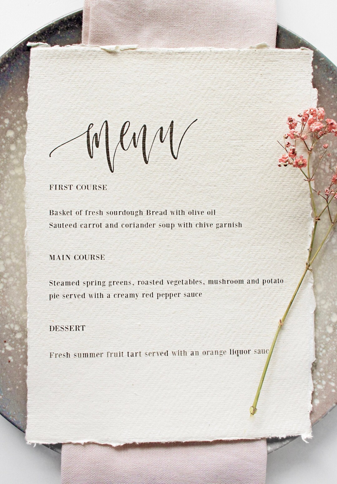 Cotton Paper Wedding Menu - Set of 5 Personalised Menu Cards - Cotton ...