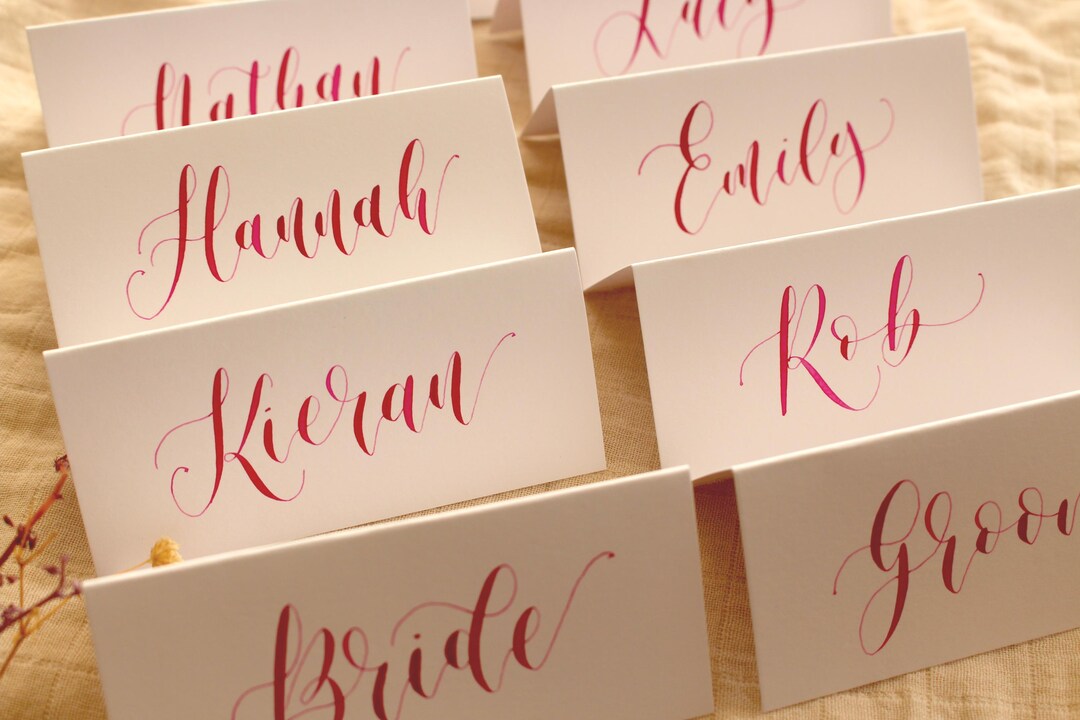 Handwritten Place Cards - Magenta Calligraphy on White Cards - Wedding ...