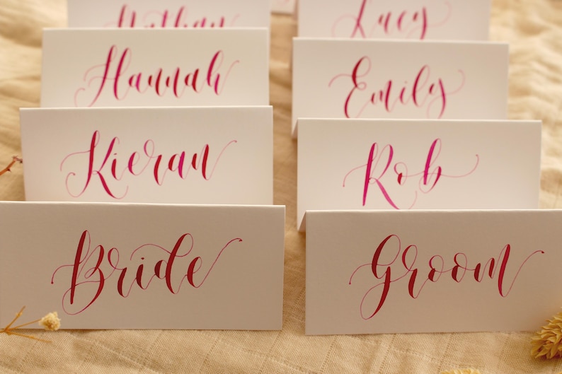 Handwritten Place Cards - Magenta Calligraphy on White Cards - Wedding ...