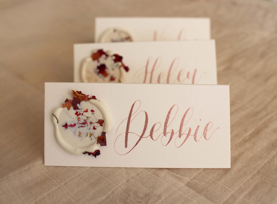 Handwritten Rose Garden Place Cards - Shimmery Pink Calligraphy on ...
