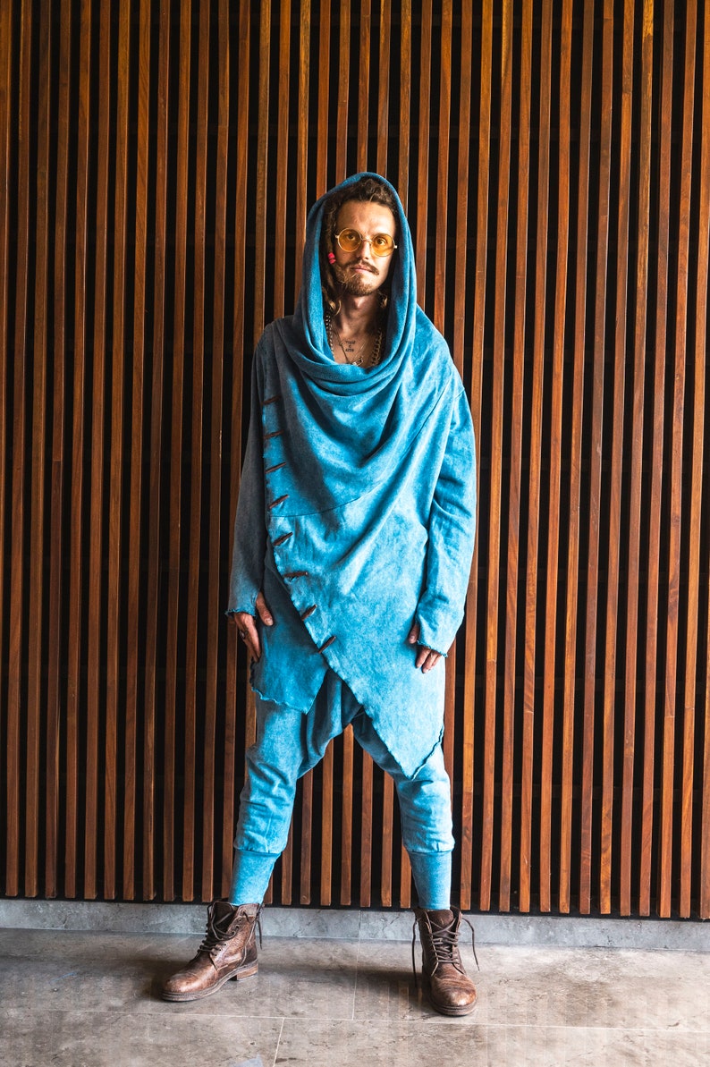 Long Hooded Cardigan, Shaman Style Blue Cotton Jedi Hoodie: Shamanic ...