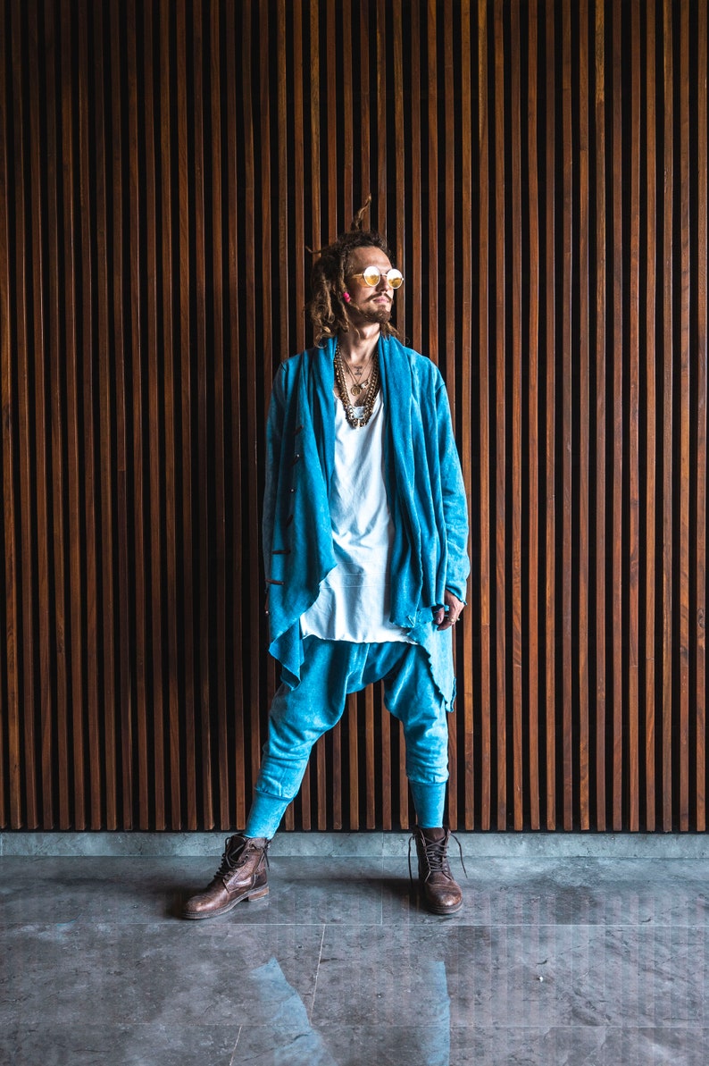 Long Hooded Cardigan, Shaman Style Blue Cotton Jedi Hoodie: Shamanic ...