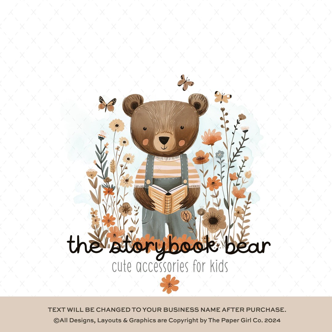 Cute Premade Bear Reading a Book Logo, Children's Bookshop Brand Mark ...