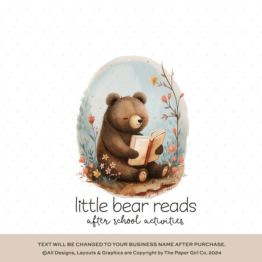 Bear Reading Book Logo, Watercolor Premade Logo, Cute Animal Brand ...