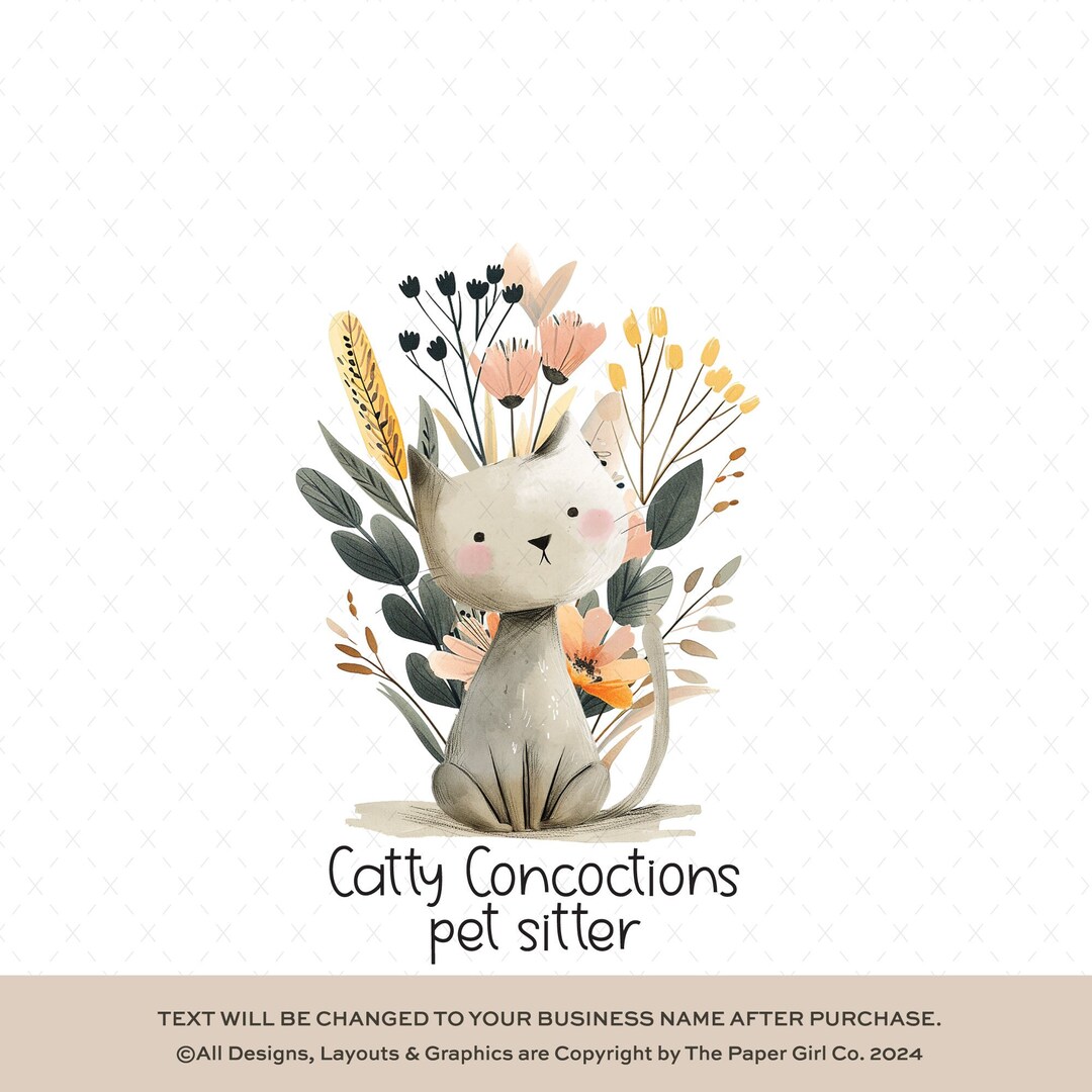 Cute Whimsical Cat Premade Logo, Vintage Style Kitten Logo, Small ...