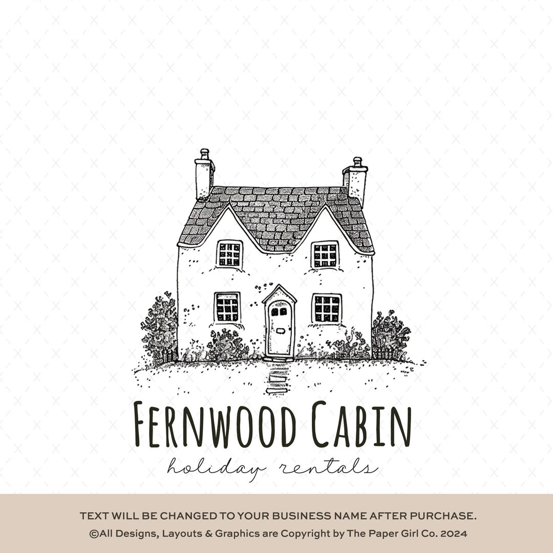 Hand-drawn Cottage Premade Logo Design, Rustic House Branding, Small ...