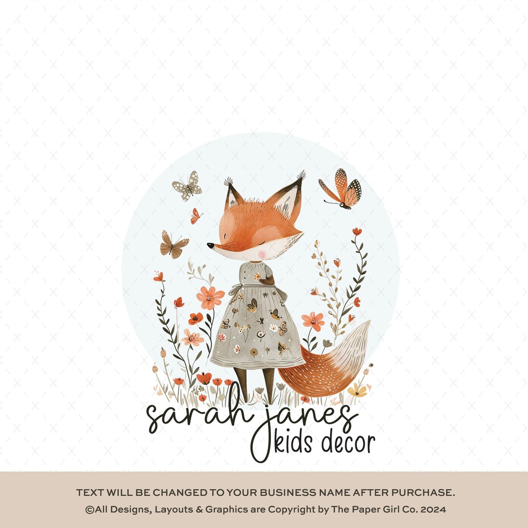 Whimsical Fox Illustration Premade Logo, Floral Woodland Creature ...