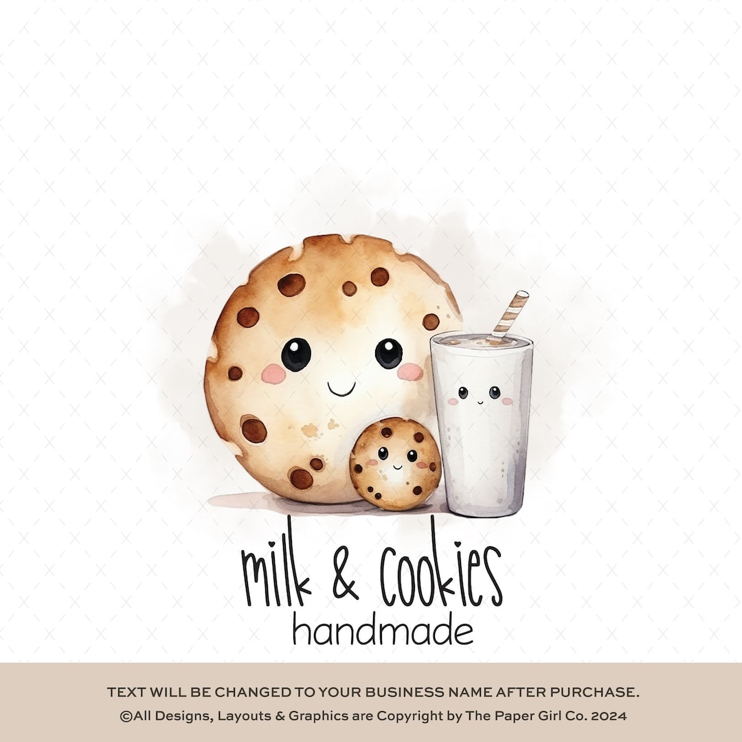 Cute Cookie and Milk Glass Cartoon Logo, Premade Kawaii Branding ...