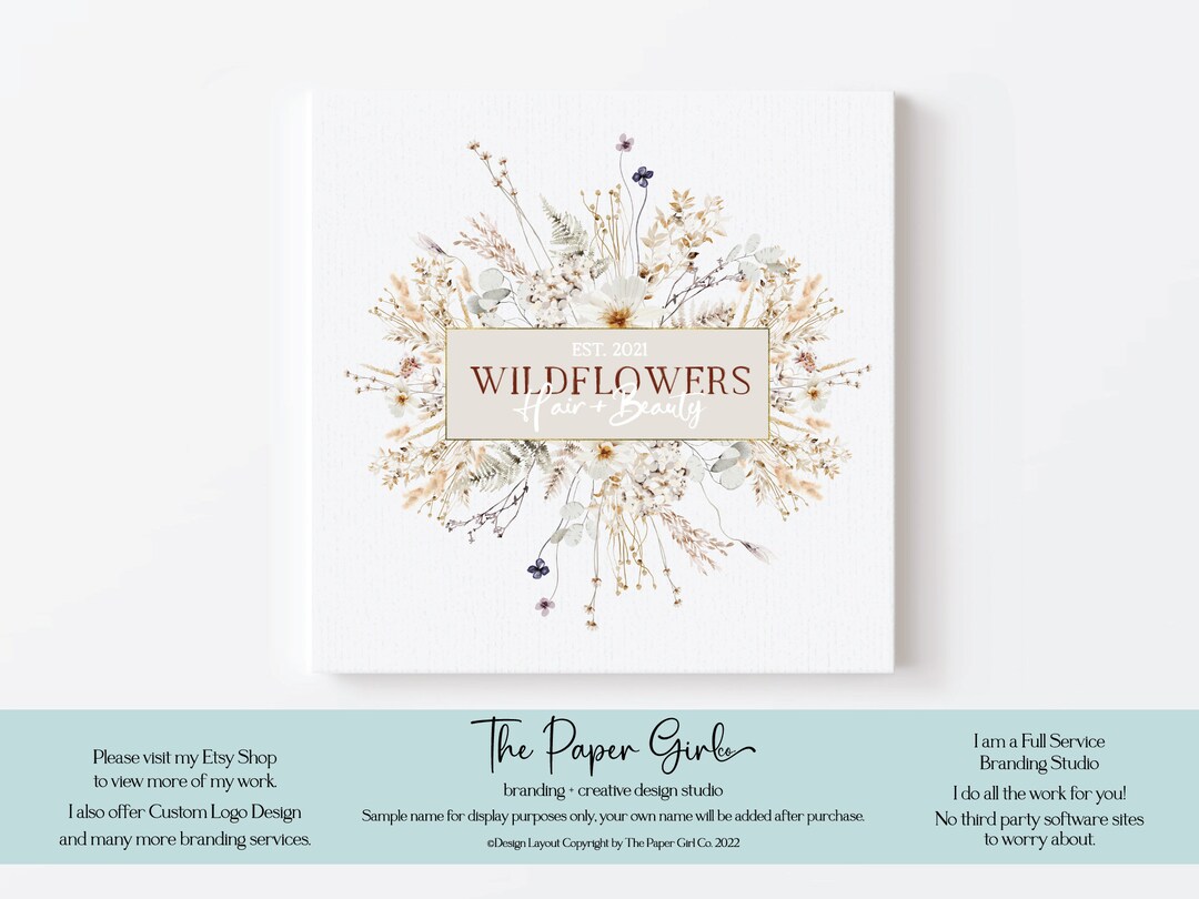 Boho Flower Logo Design, Boho Branding Package, Pampas Grass Logo ...