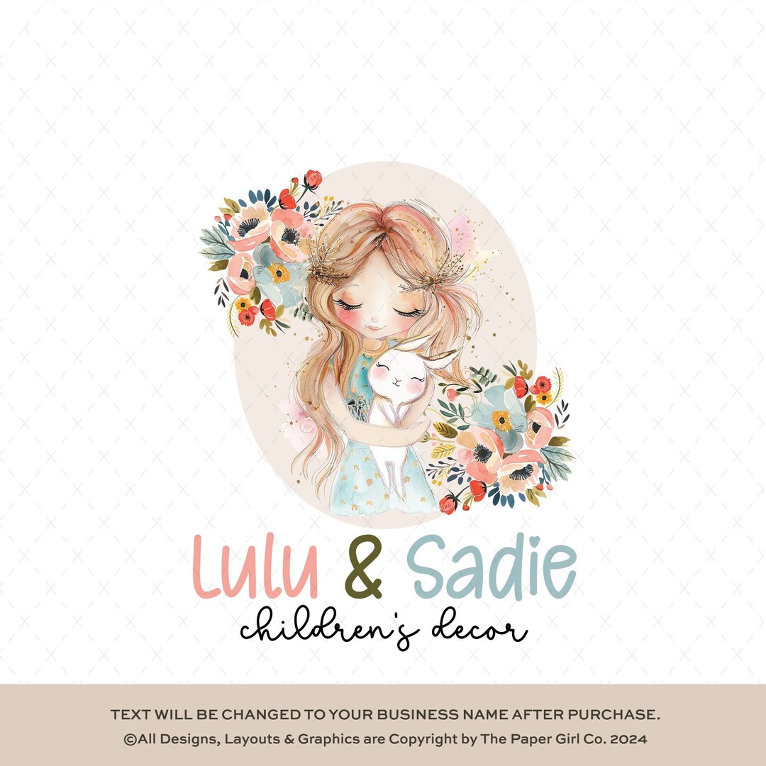 Watercolor Little Girl and Bunny Premade Logo Design, Cute Woodland ...