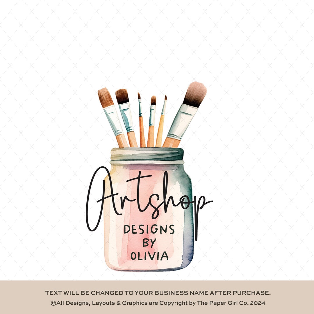 Watercolor Artist Brush Mason Jar Logo, Premade Art Studio Logo, Creative Business Branding ...
