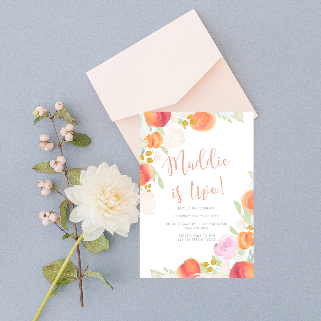 Sweet Peach Birthday Invitation, Peach Theme Birthday Invitation, First ...