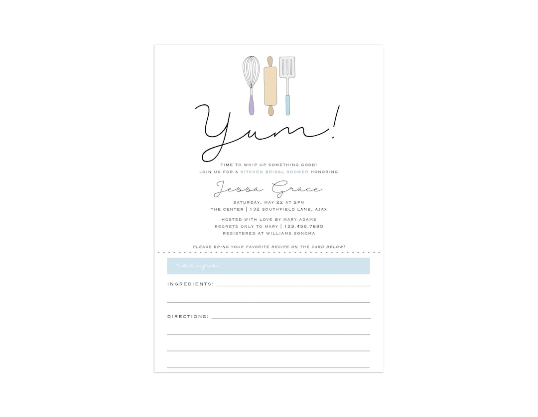 Kitchen Shower Invite With Recipe Card, Kitchen Bridal Shower Invite ...