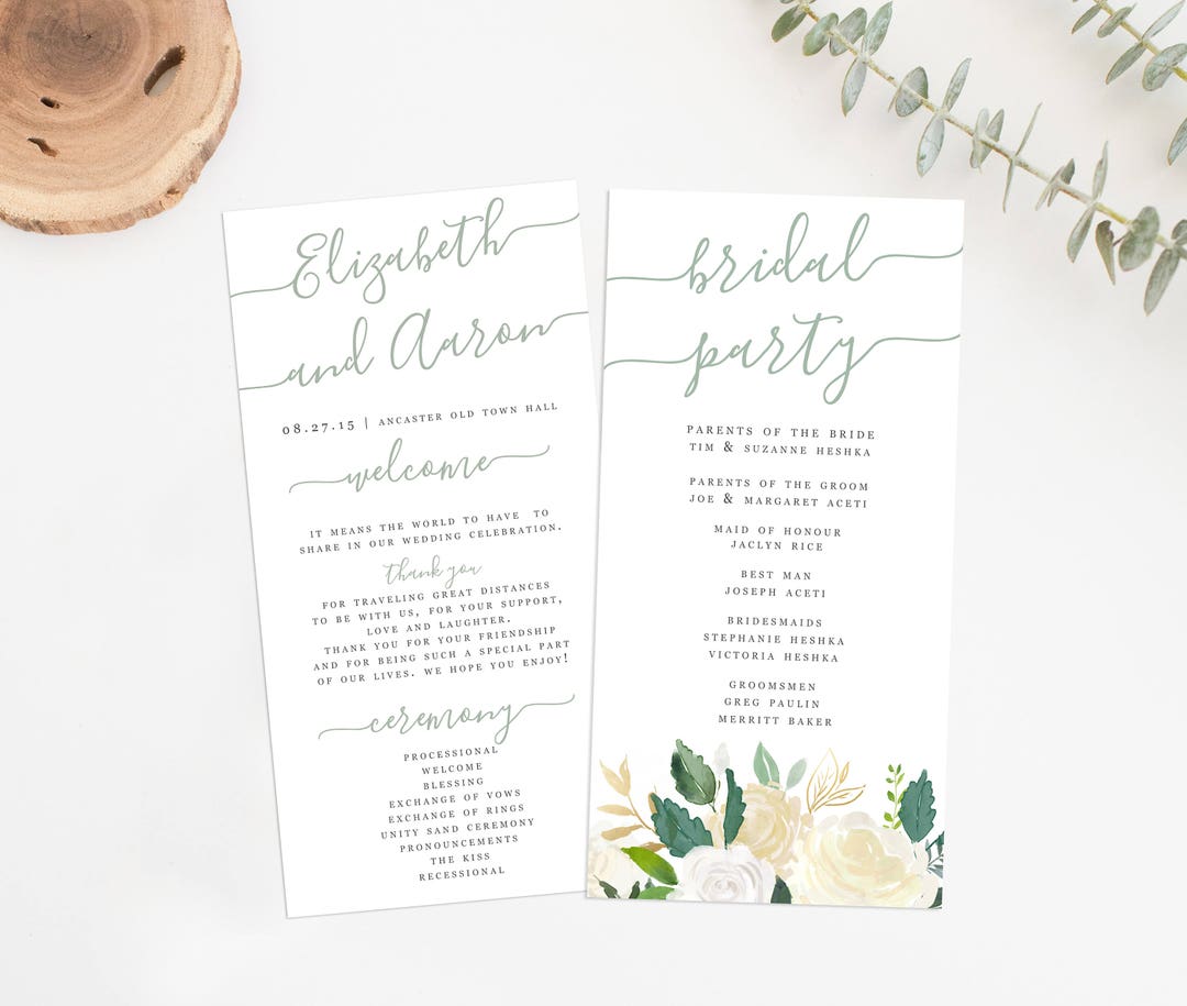 Vintage Green Floral Wedding Program, Printable Double Sided Ceremony ...