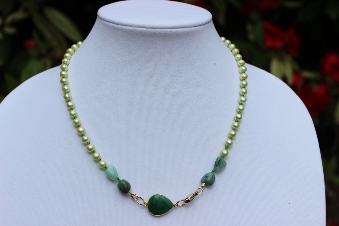 Emerald & Pearl Necklace: 14k Gold Filled, Gemstone Statement Necklace ...