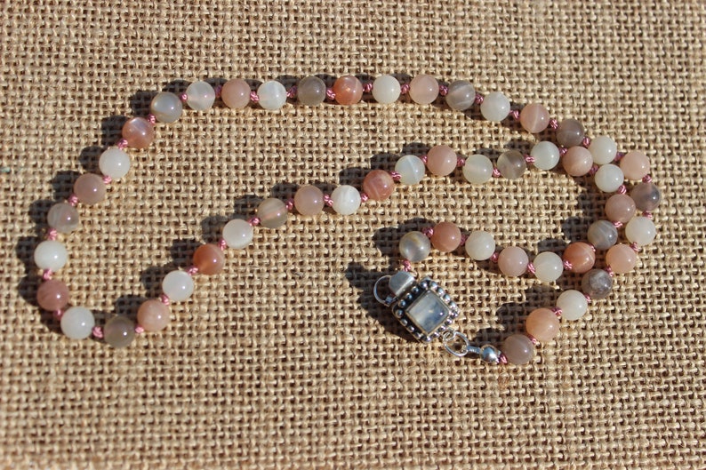 Multi-colored Moonstone Necklace: Hand-knotted Silk Cord, Sterling ...
