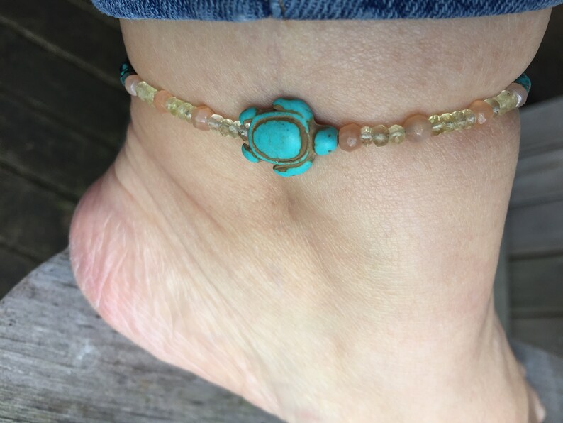 Turquoise Sea Turtle Anklet: Peach Moonstone, Lemon Quartz, Boho Beach ...
