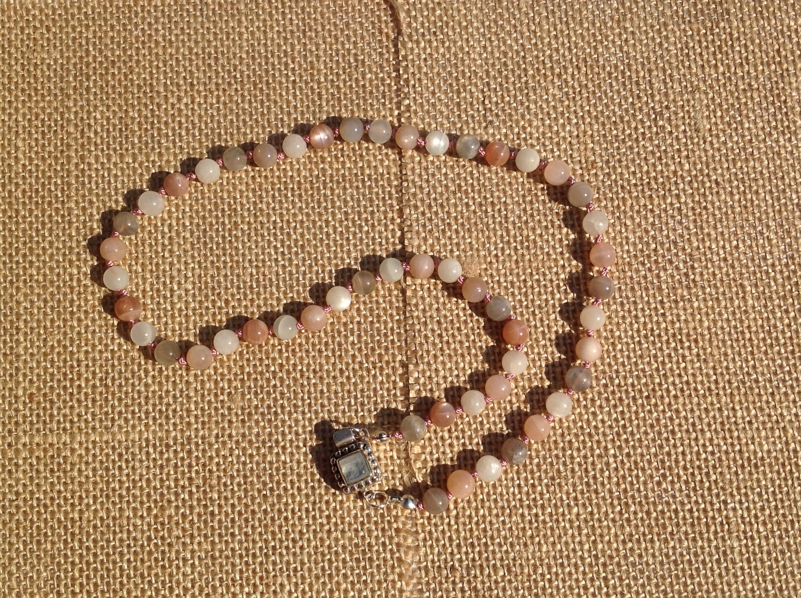 Multi-colored Moonstone Necklace: Hand-knotted Silk Cord, Sterling ...