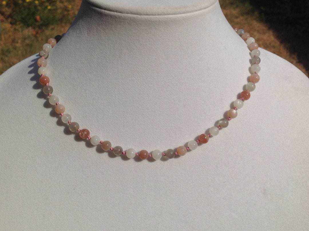 Multi-colored Moonstone Necklace: Hand-knotted Silk Cord, Sterling ...