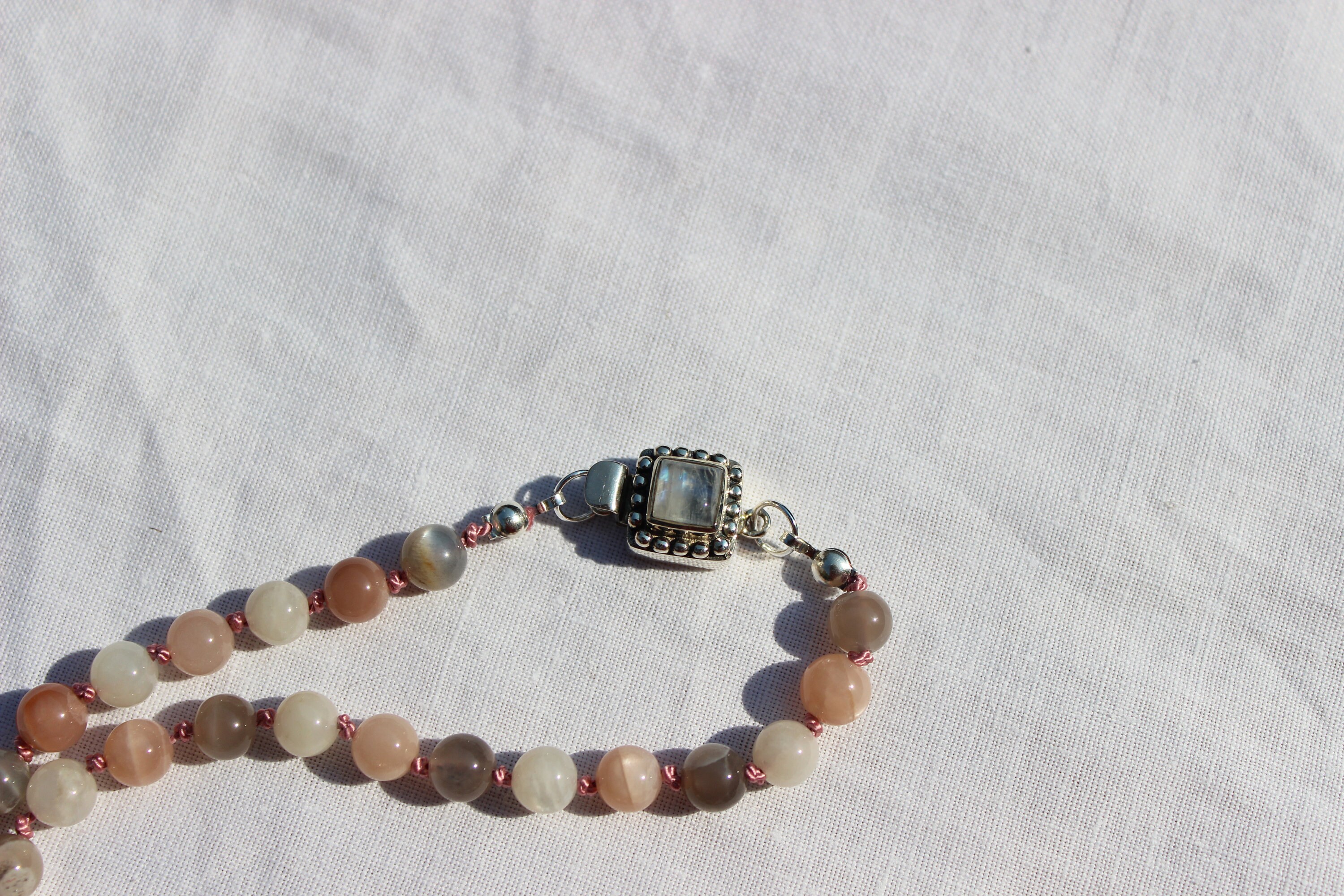 Multi-colored Moonstone Necklace: Hand-knotted Silk Cord, Sterling ...