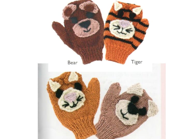4 Pair Animal Mittens Knitting Pattern Pet Cat Dog Bear Tiger Mittens ...